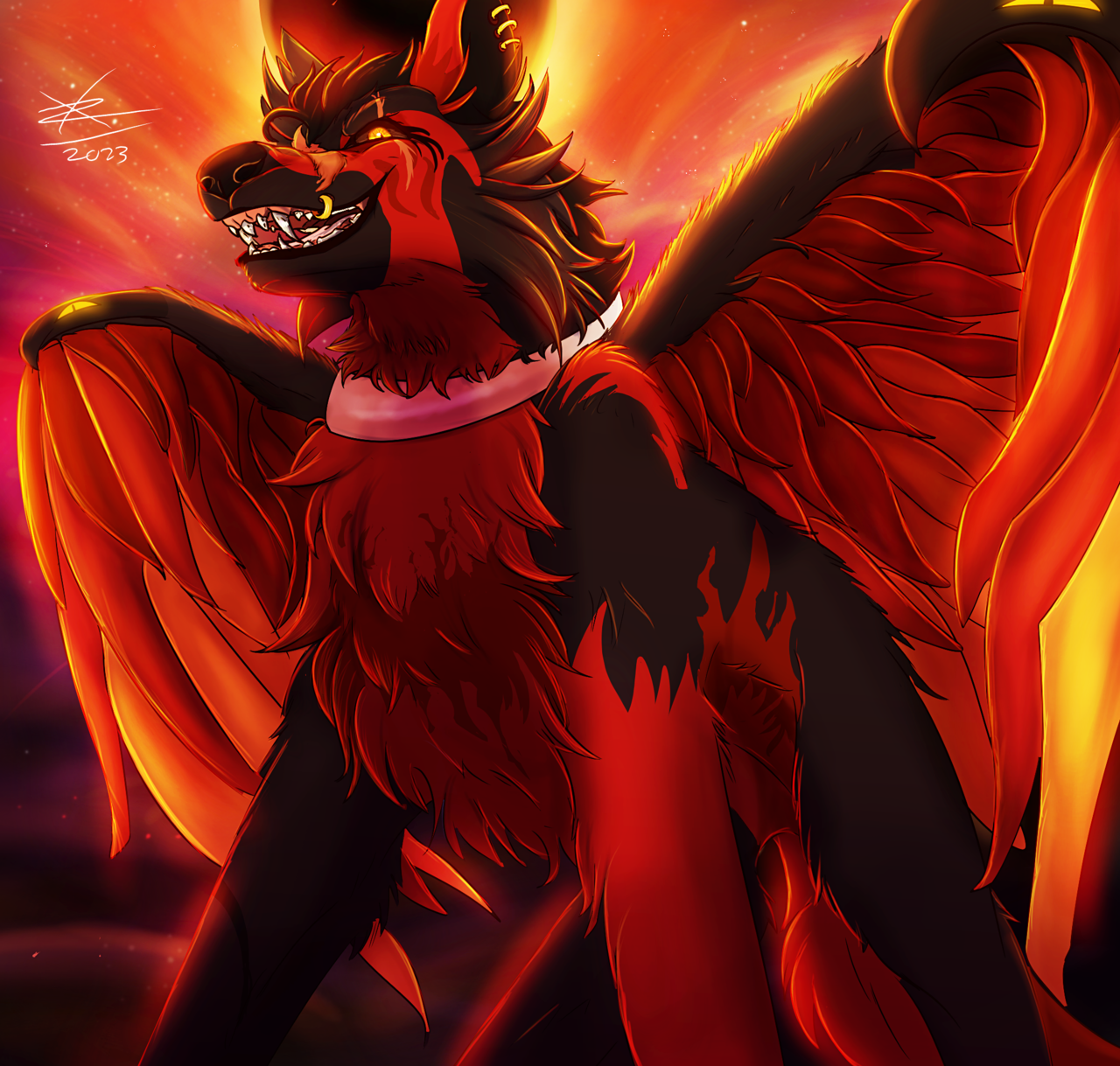 Black And Red Anime Wolf With Wings